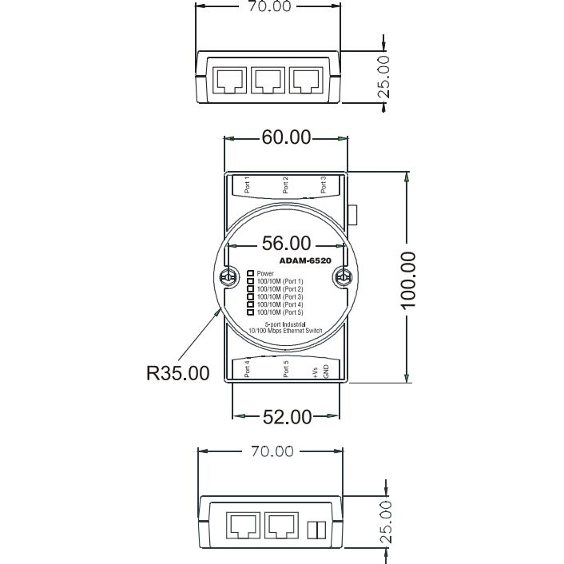 ADAM-6520 Advantech Unmanaged 10/100 Mbps Ethernet Switch mit 5x RJ45 Anschlüssen - BellEquip