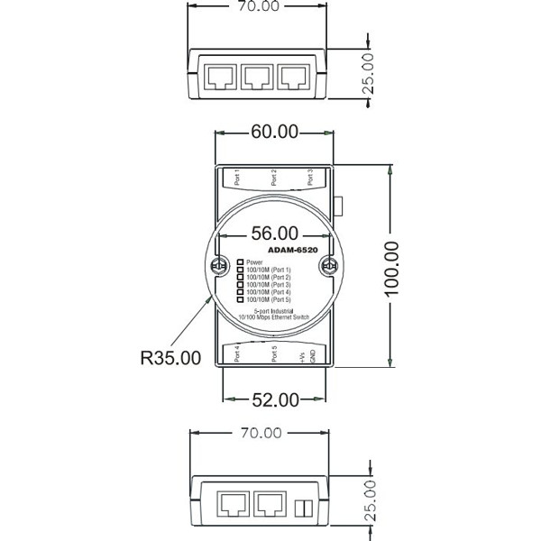 ADAM-6520L Advantech Unmanaged Ethernet Switch mit 5x 10/100 Mbps Anschlüssen - BellEquip