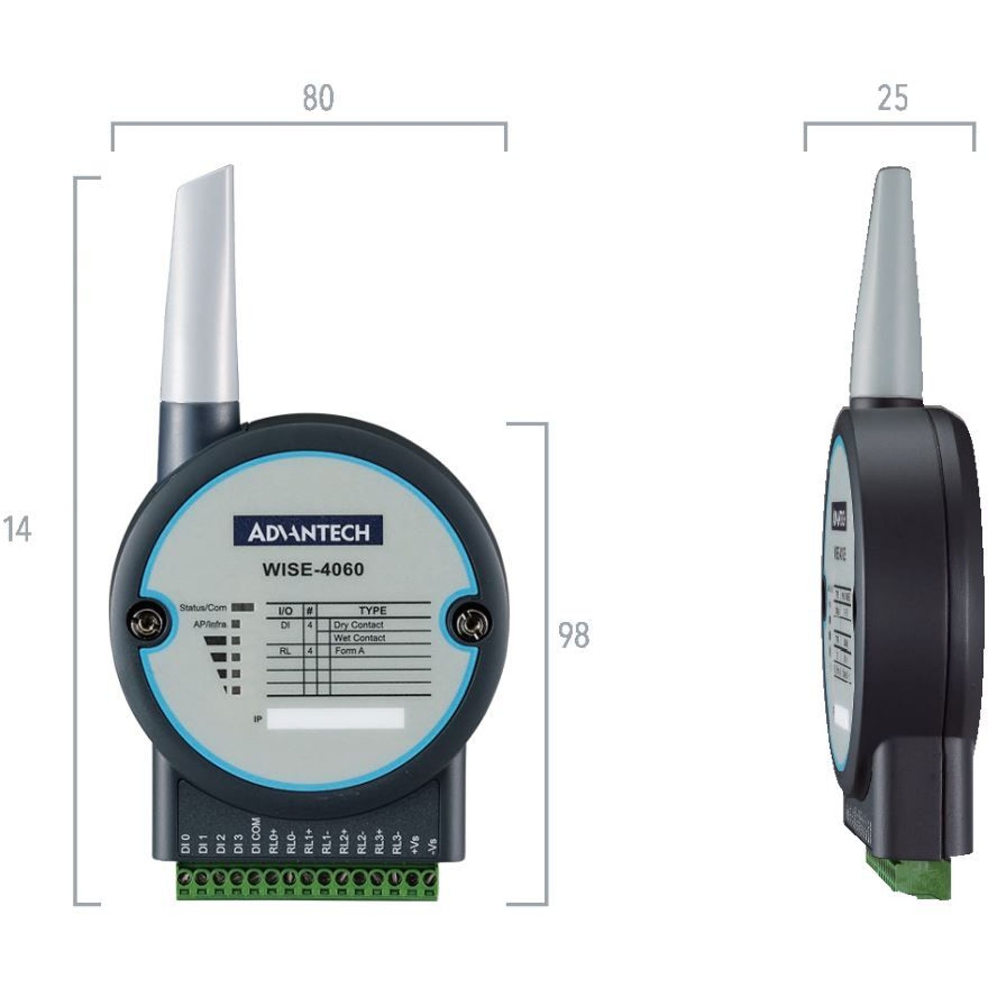 WISE-4060 Advantech 2.4 GHz Wi-Fi E/A Modul mit 4x digitalen Eingängen und 4x Relaisausgängen ...